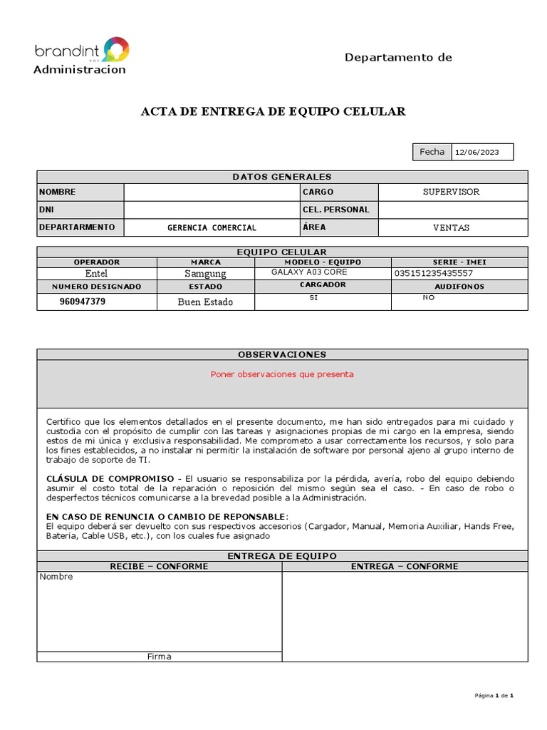 Acta de Entrega - Equipo Móvil | PDF | Informática | Ciencias de la ...