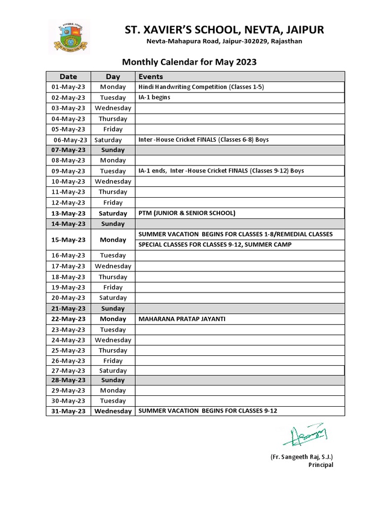 St. Xavier'S School, Nevta, Jaipur: Monthly Calendar For May 2023 | PDF