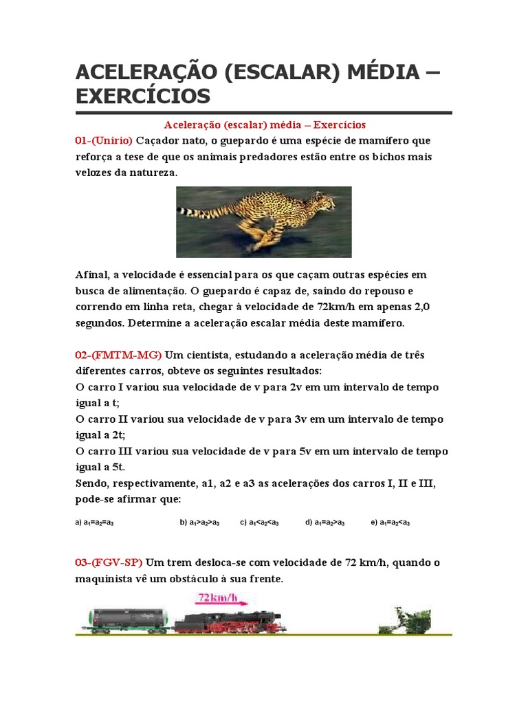 Exercícios de Aceleração Escalar Média | PDF | Velocidade | Aceleração