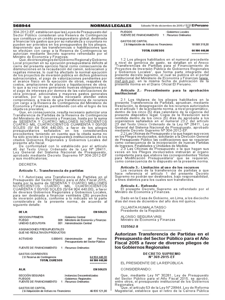 Decreto Supremo #369-2015-Ef - Transferencia A Gobierno Regionales Pago ... Decreto Supremo #369-2015-Ef - Transferencia A Gobierno Regionales Pago ...