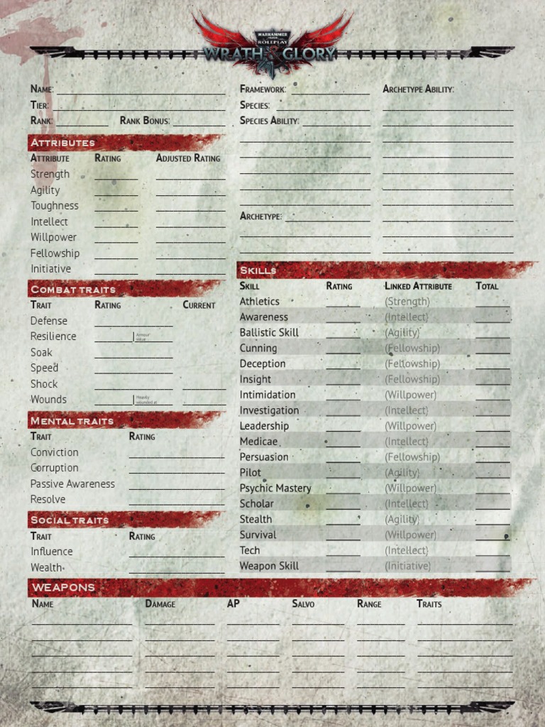 Wrath & Glory - Character Sheet (2 Page - Form Fillable - Optimized) | PDF | Business