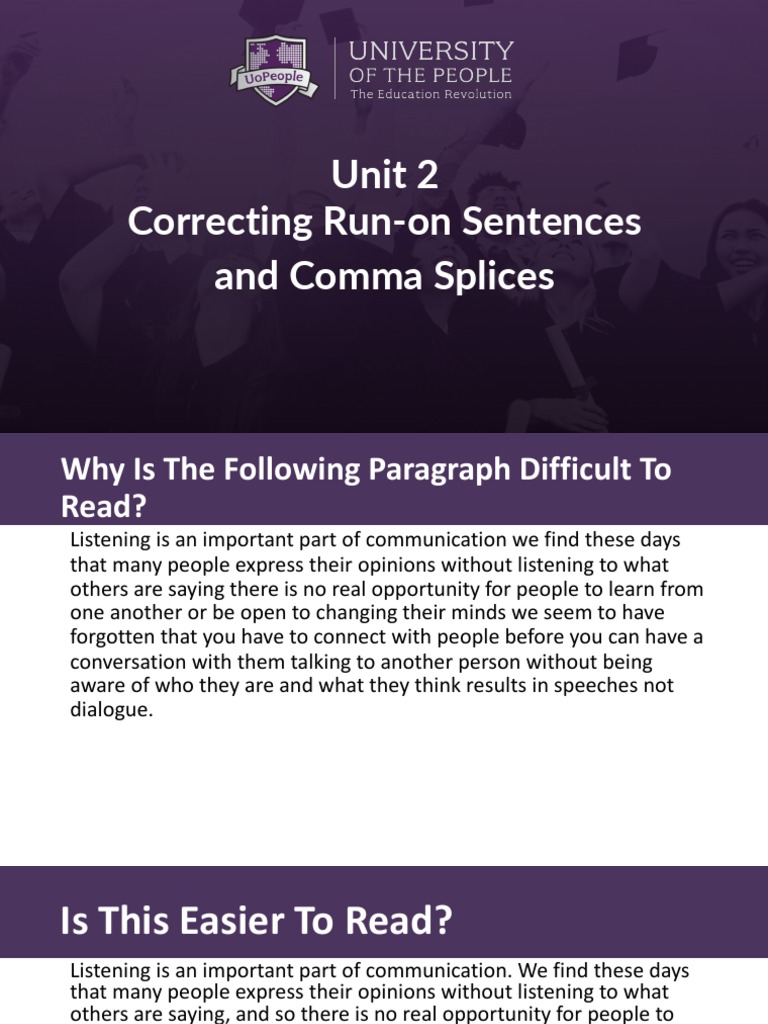 ENGL 0008 Unit 2 Lesson Correcting Run-On Sentences and Comma Splices ...