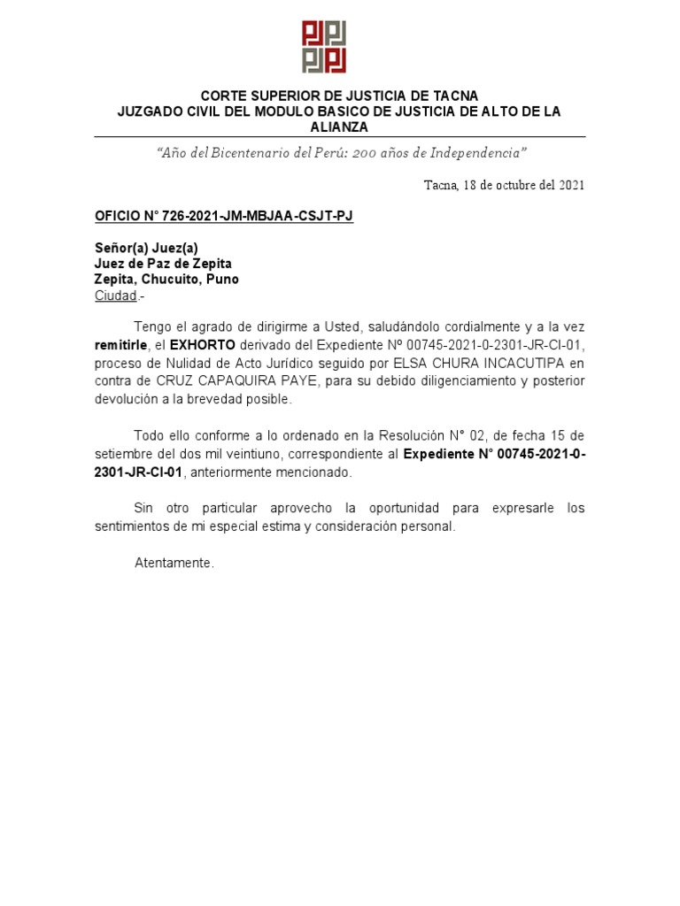 Oficio Modelo de Exhorto | PDF | Juez | Justicia