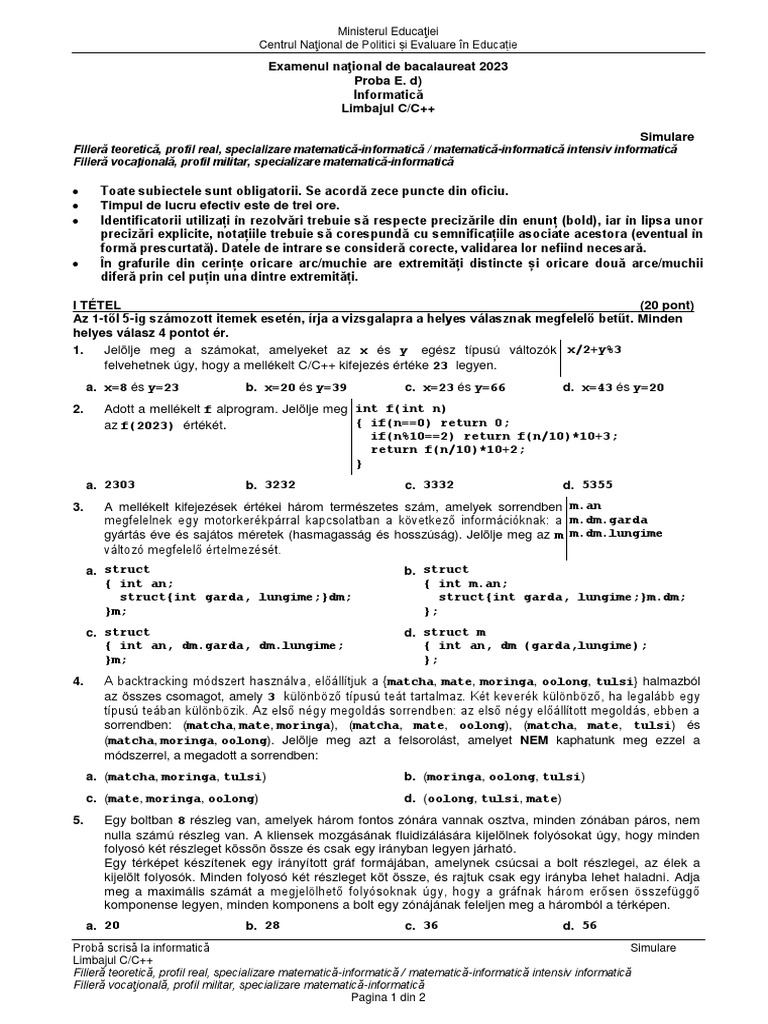 E D Informatica 2023 SP MI C Var Simulare LMA | PDF