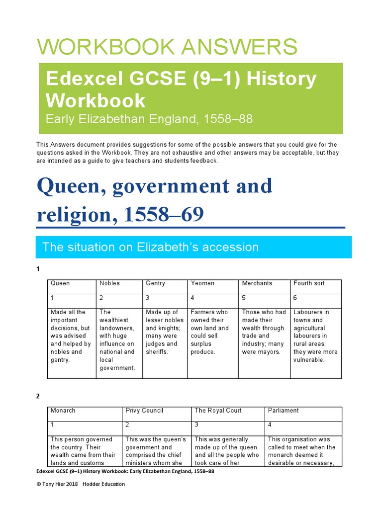 History Edexcel Workbook Early Elizabethan England Answers | PDF