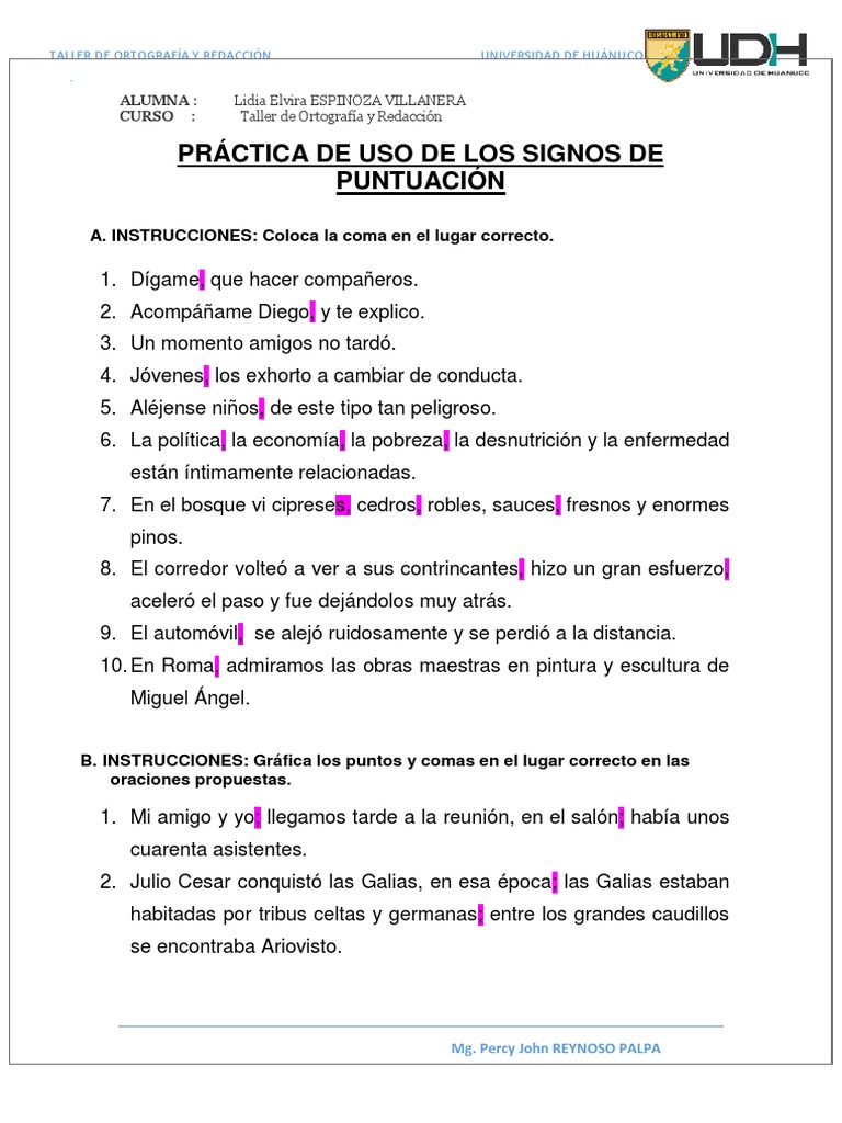 Taller Ortografia Signos de Puntuación S6 (LIDIA E. ESPINOZA VILLANERA ...