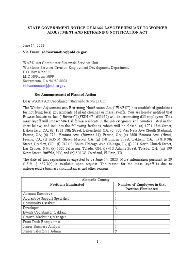 Bitwise Industries Mass Layoff Notice | PDF | Business