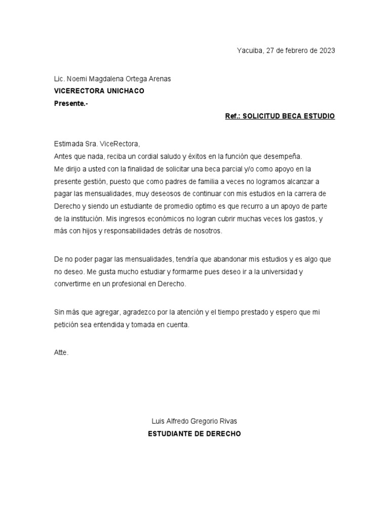 Carta de Solicitud de Beca | PDF