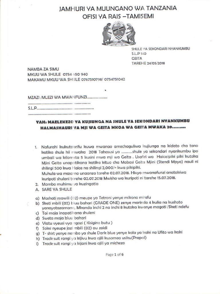 Nyankumbu Girls Joining Instruction | PDF