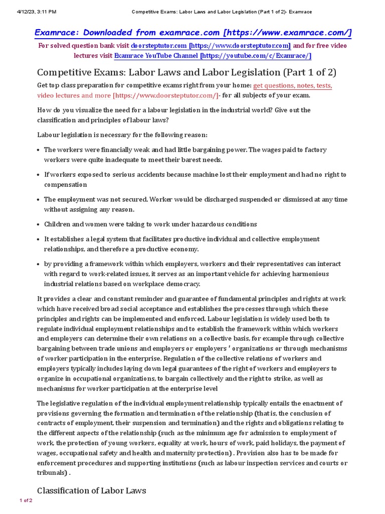 Labor Laws and Labor Legislation Part 1 | PDF | Labour Law | Employment
