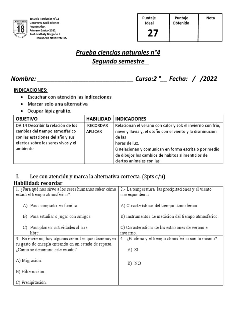 Prueba de ciencias 2 basico | PDF | Clima | Atmósfera