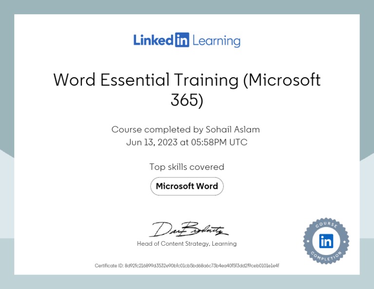 CertificateOfCompletion - Word Essential Training Microsoft 365 | PDF