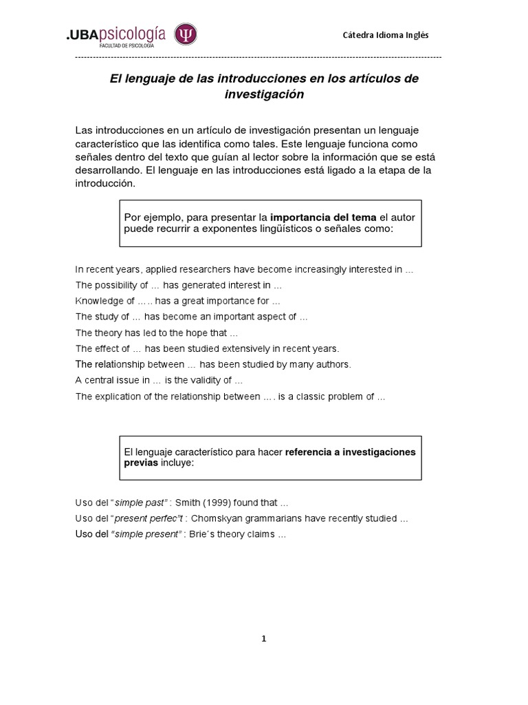 El Lenguaje de Las Introducciones en Los Artículos de Investigación ...