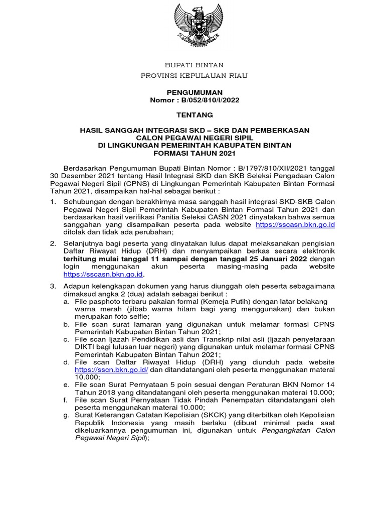 Pengumuman Hasil Sanggah Integrasi SKD SKB Dan Pemberkasan CPNS Pemkab. Bintan | PDF