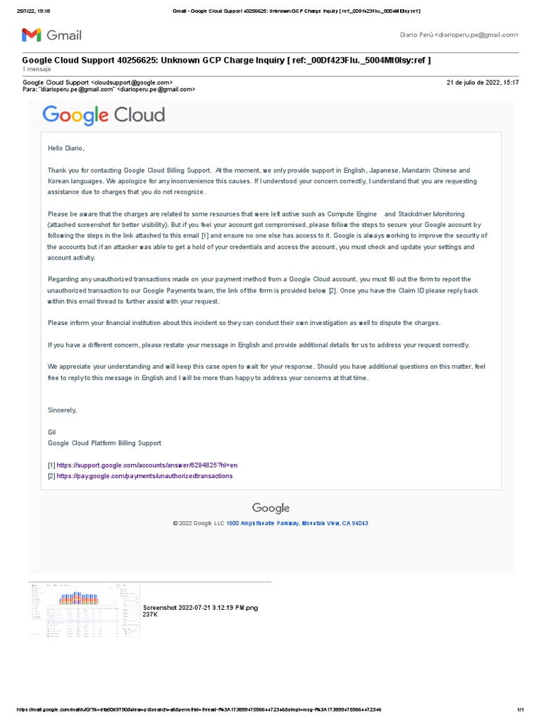 Gmail - Google Cloud Support 40256625 | PDF | Gmail | Computing