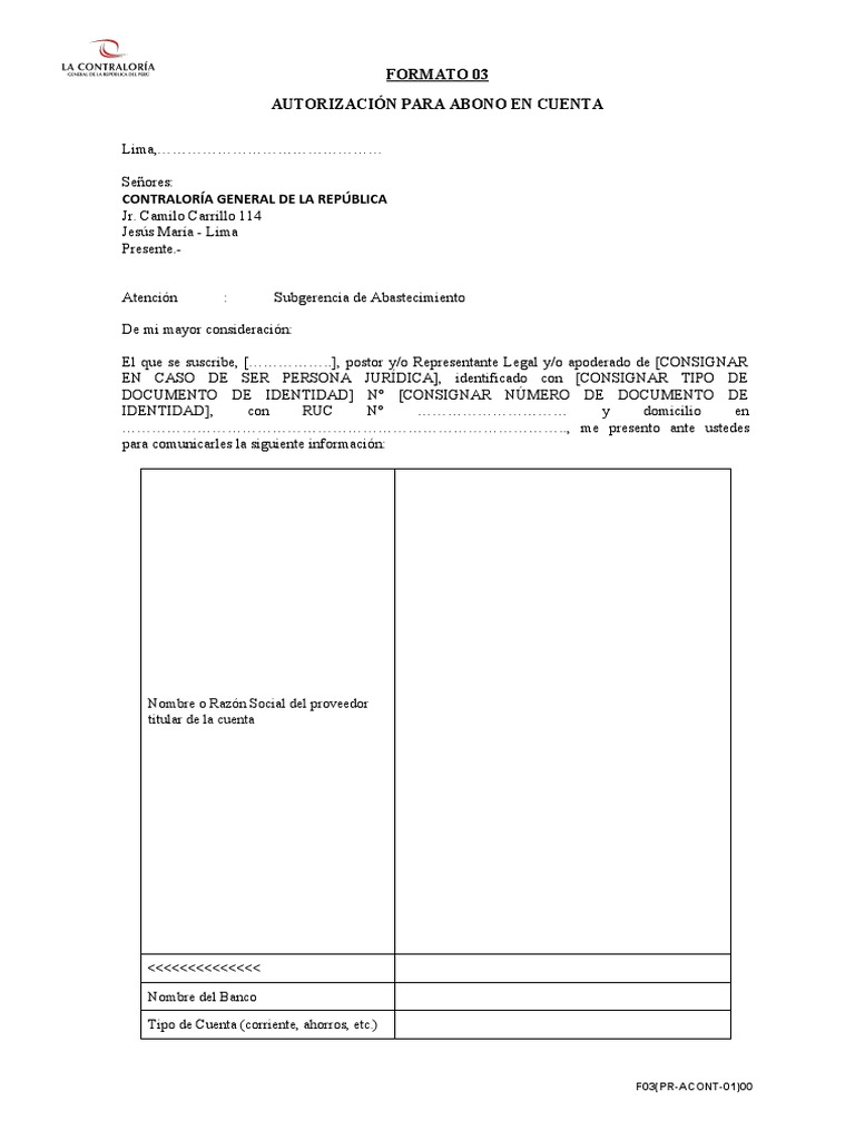 F03 (PR-ACONT-03) 00 Formato - Autorización para Abono en Cuenta | PDF