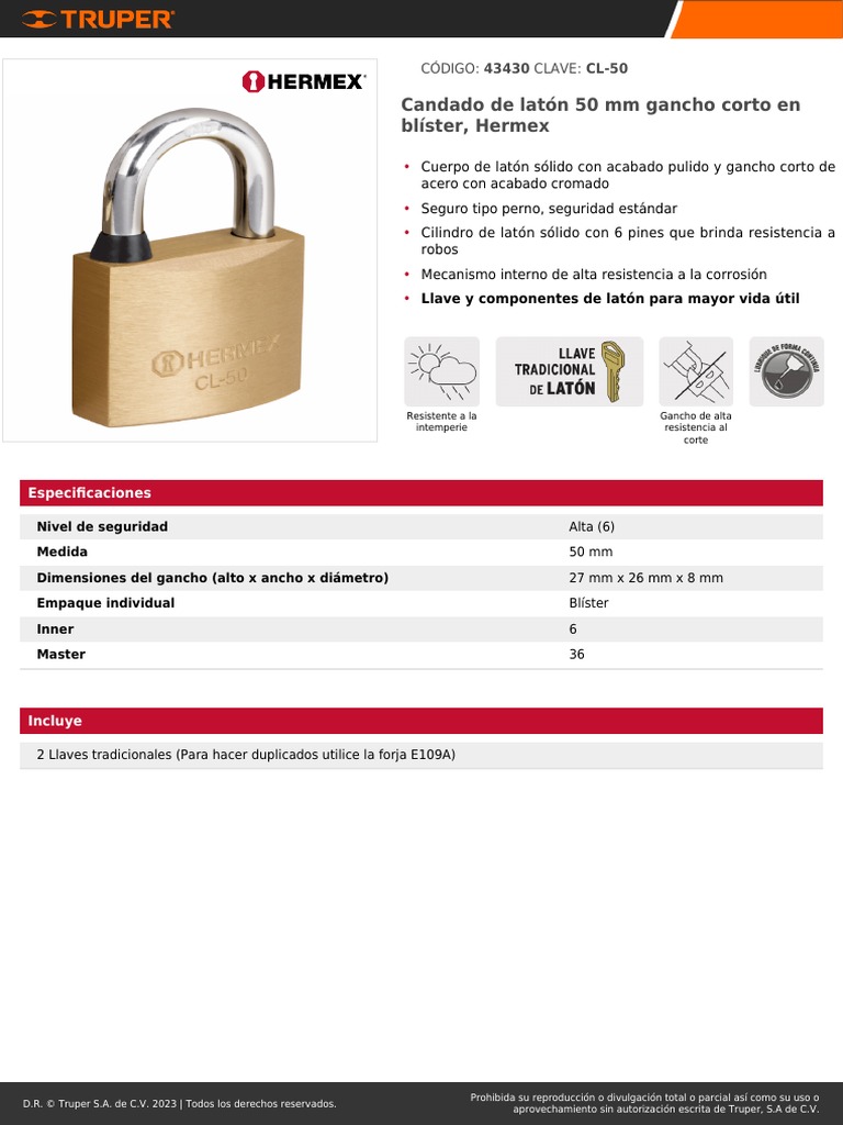 Ficha Tecnica Candado de Laton 50mm Gancho Corto en Blister-Hermex | PDF | Rieles