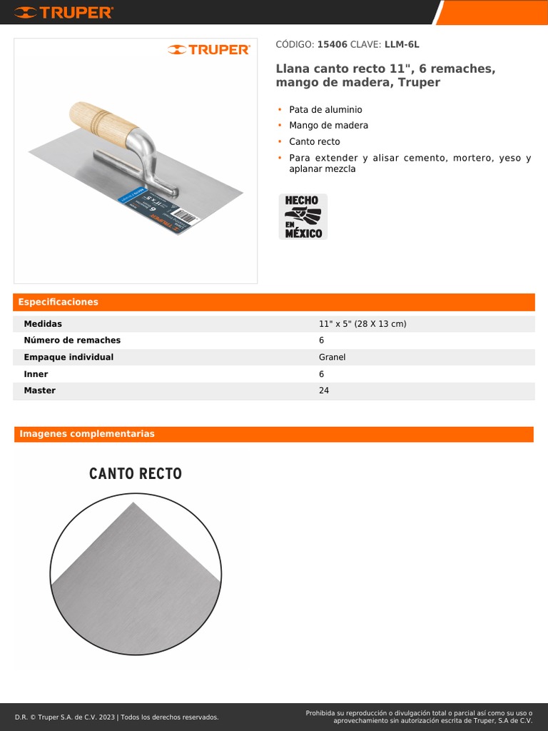 Ficha Tecnica Llana Metalica Lisa Mango Madera-Truper | PDF Ficha Tecnica Llana Metalica Lisa Mango Madera-Truper | PDF