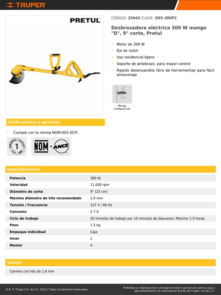 Ficha Tecnica Desbrozadora Electrica 300 W Mango D Corte Pretul | PDF