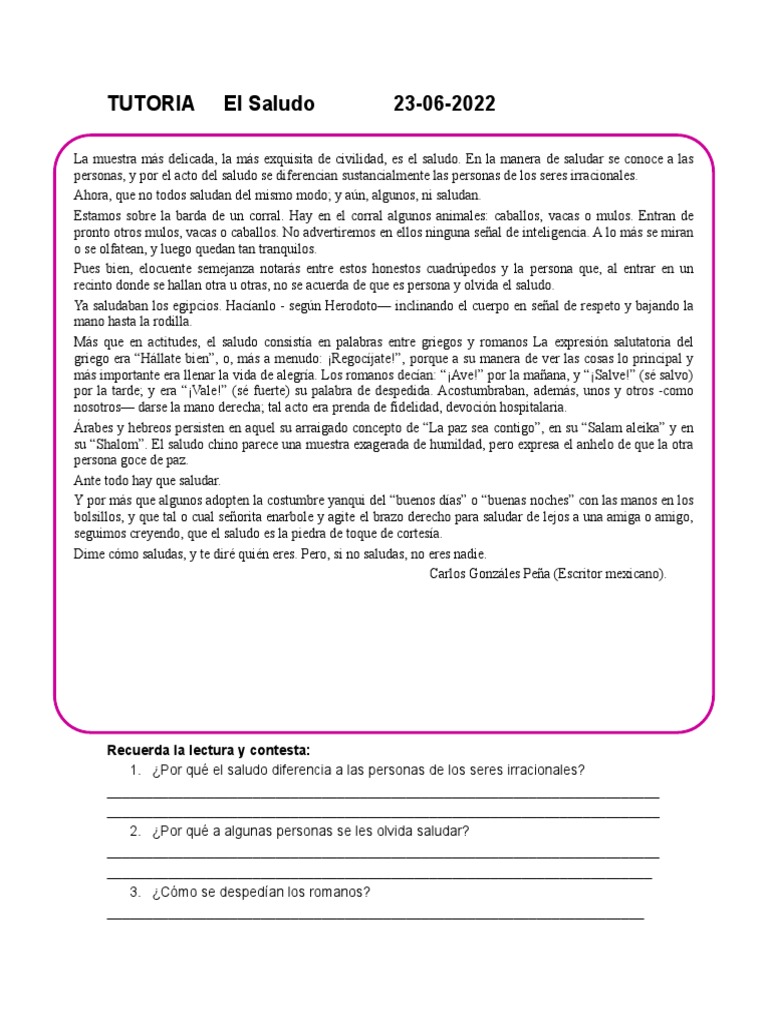Ficha de Tutoria El Saludo | PDF