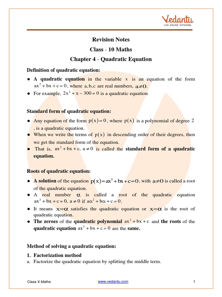 Class 10 Revision Notes Quadratic Equations | PDF | Equations ...