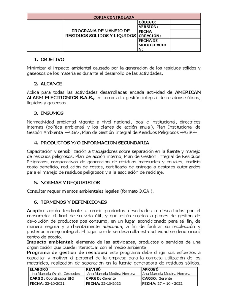 PROGRAMA PARA EL MANEJO DE RESIDUOS LIQUIDOS Y SOLIDOS | PDF | Residuos | Gestión de residuos