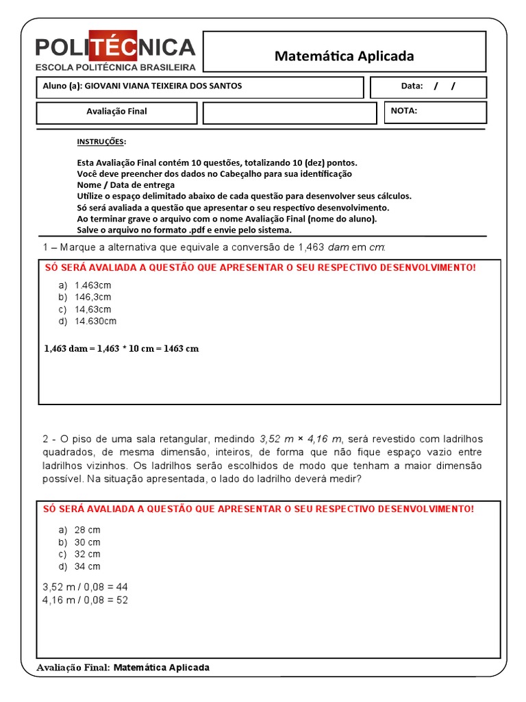 Avaliacao Final - Matematica Aplicada | PDF | Matemática Avaliacao Final - Matematica Aplicada | PDF | Matemática
