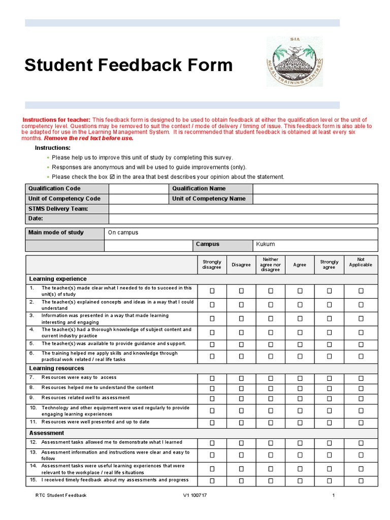 RTC Student Feedback Form - V3 - 060619 | PDF | Teachers | Learning