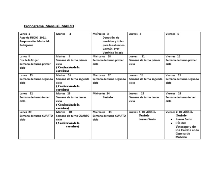 Cronograma Mensual | PDF