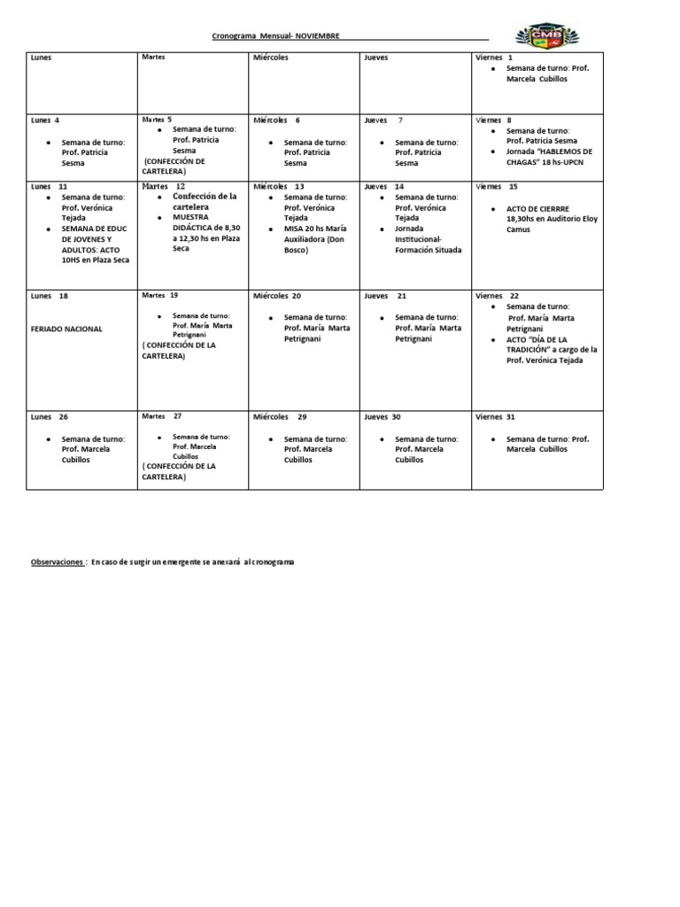 Cronograma Mensual Agosto | PDF