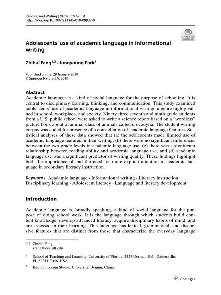 Adolescents' Use of Academic Language in Informational Writing | PDF | Reading Comprehension ...