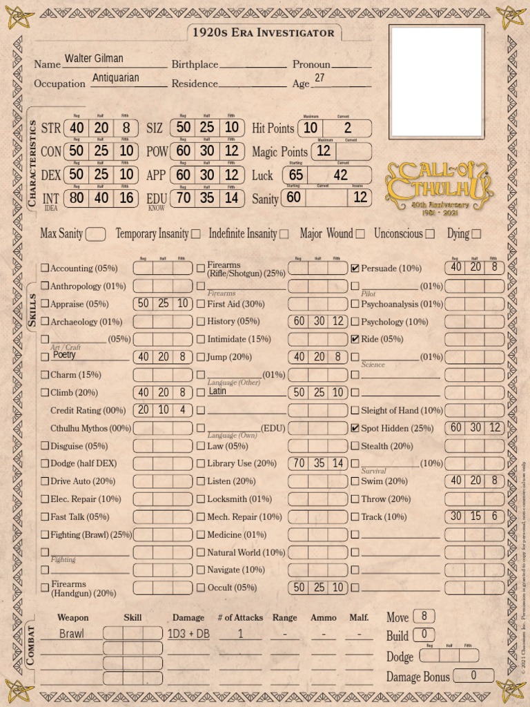 CoC7 PC Sheet - Auto-Fill - 1920s - Standard - Color | PDF