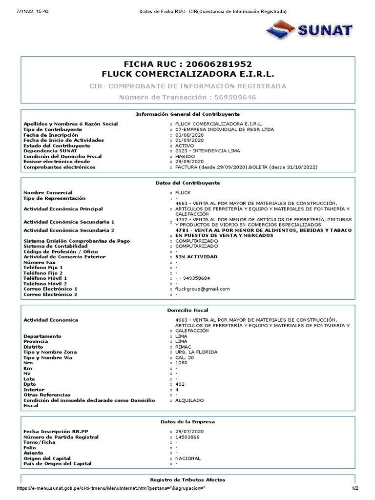 Ficha RUC de Fluck Comercializadora E.I.R.L. | PDF