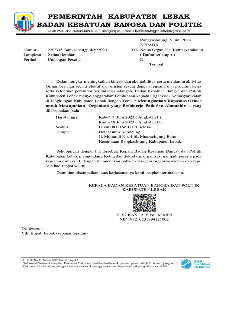 Surat Undangan Peserta Pembinaaan Ormas - Signed | PDF