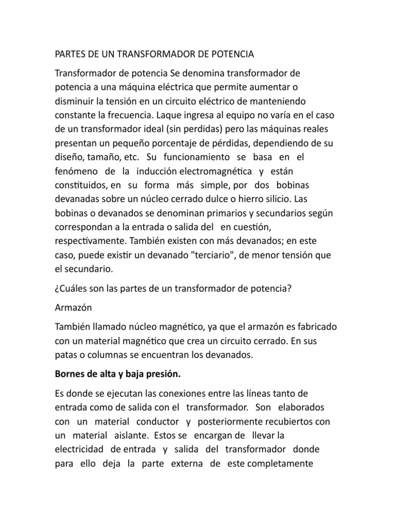 Partes de Un Transformador de Potencia | PDF | Transformador | Inductor Partes de Un Transformador de Potencia | PDF | Transformador | Inductor