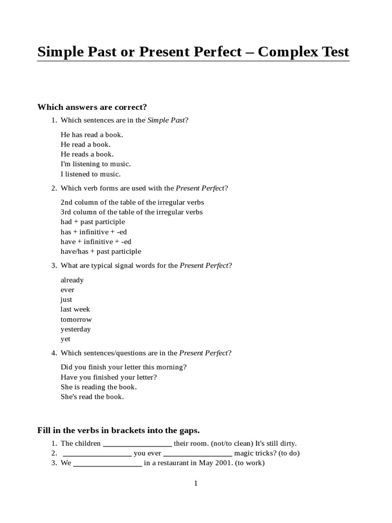 Simple Past vs. Present Perfect Test | PDF | Perfect (Grammar) | Verb
