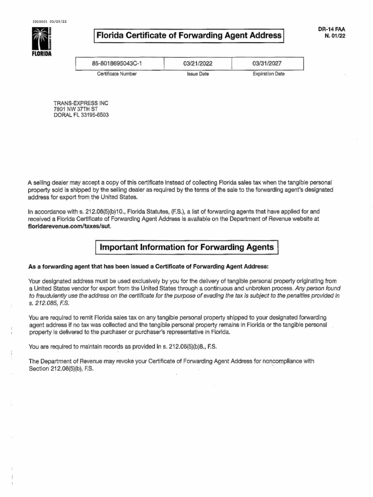 Certificate of Freight Forwarding Agent | PDF