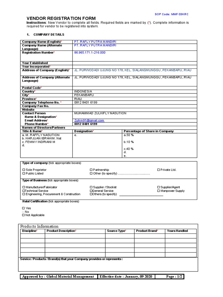 MMF 03krc - Vendor Registration Form 20.05.22 TRSLT | PDF | Business | Service Industries