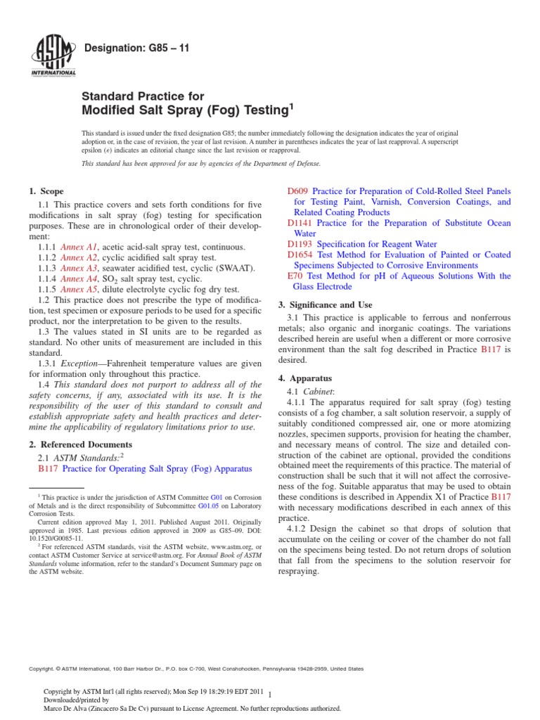 Modified Salt Spray (Fog) Testing: Standard Practice For | PDF