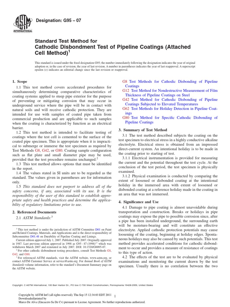 Cathodic Disbondment Test of Pipeline Coatings (Attached Cell Method ...