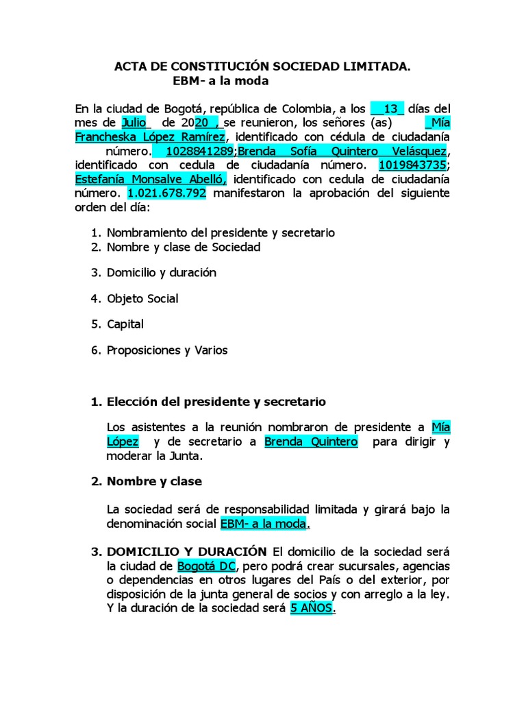 Acta de Sociedad Limitada | PDF | Gobierno