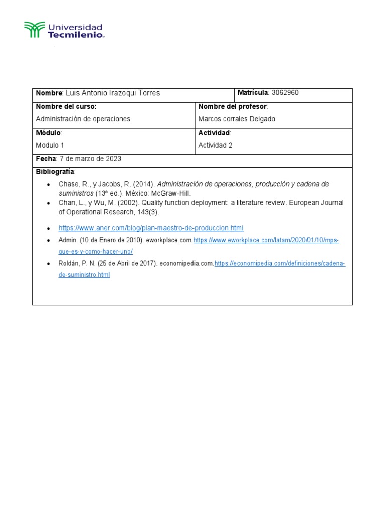 Actividad 2 Administracion de Operaciones (Planteamiento Del Proyecto) Docx | PDF | Lean ...