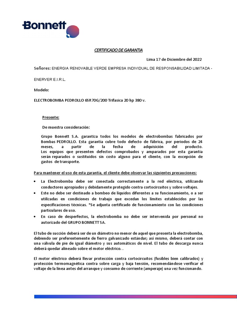 Carta de Garantía de Equipos Pedrollo 17122022 | PDF | Bomba | Ingenieria Eléctrica