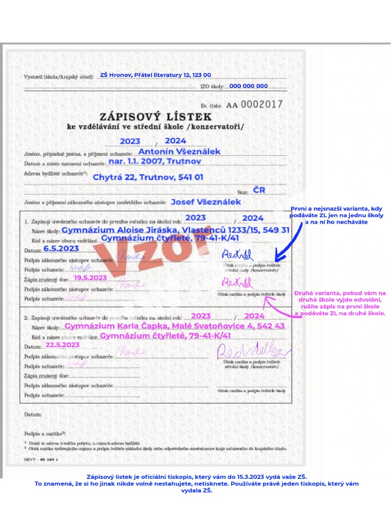 Zapisovy Listek Vzor Vyplneny Stazeni | PDF