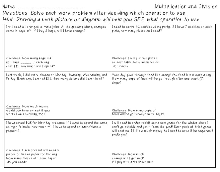 Directions Hint: Drawing A Math Picture or Diagram Will Help You SEE ...