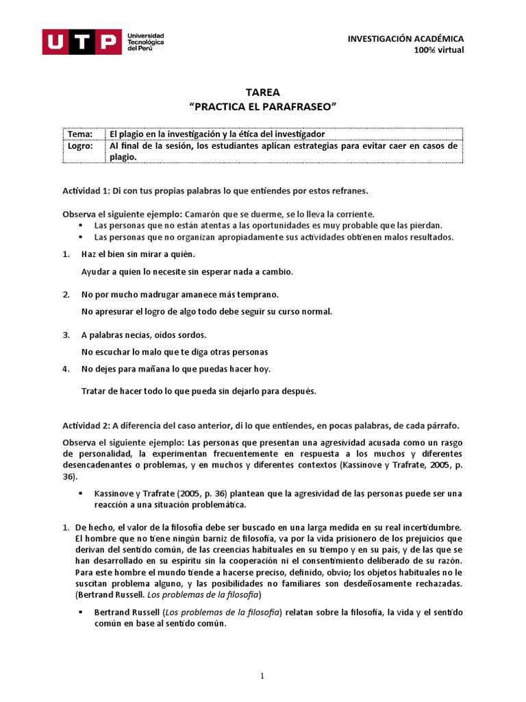 Semana 01 - Documentos - Practica El Parafraseo | PDF | Plagio | Science
