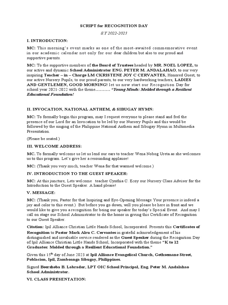 Script For Recognition Day Pdf 
