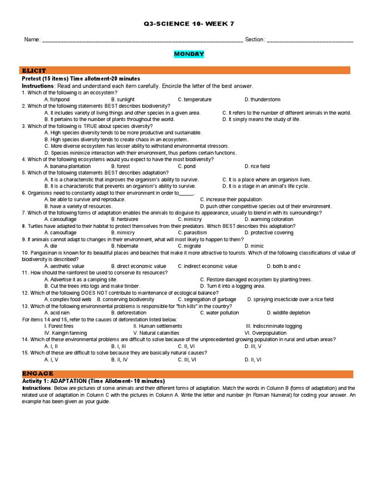 Science 10 Week 7: Ecosystems & Adaptation | PDF