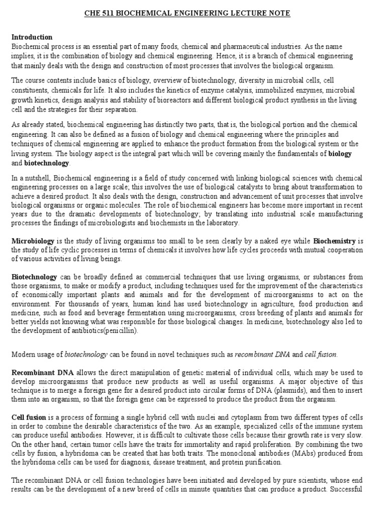 CHE 511 Biochemical Engineering Overview | PDF | Biotechnology ...