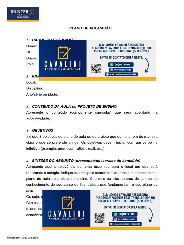 Plano de Aula-Ação - Uninter | PDF